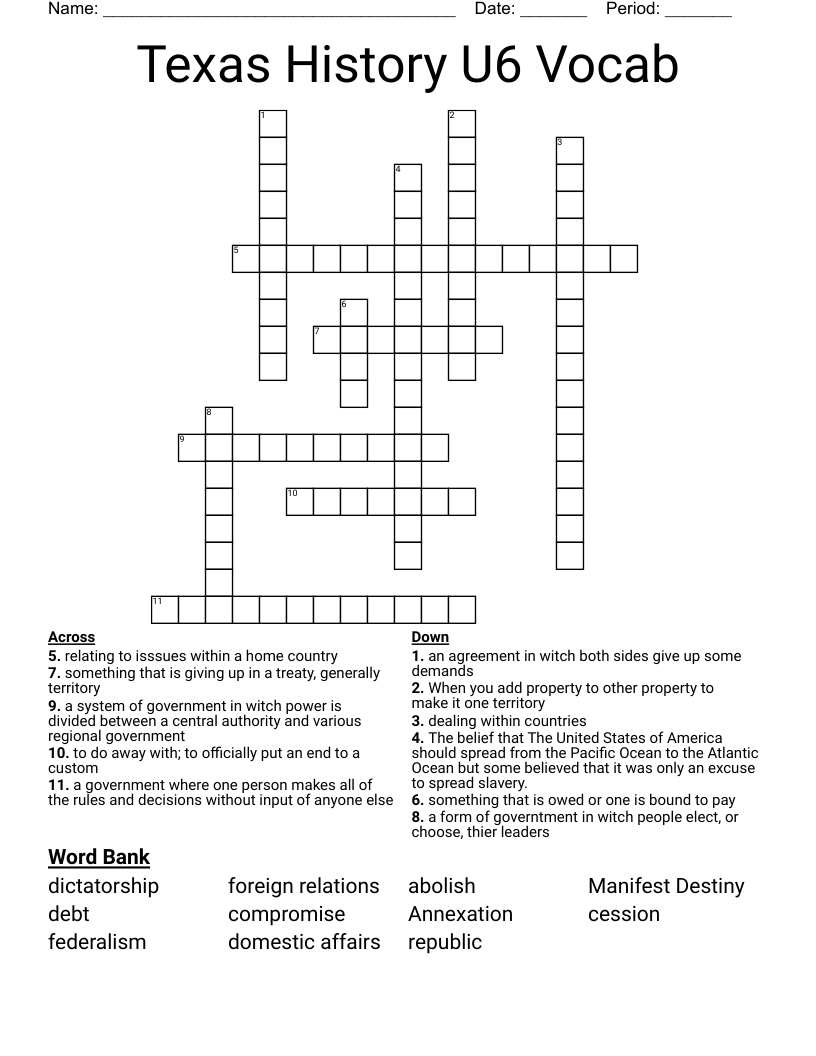 Texas History U6 Vocab Crossword - WordMint