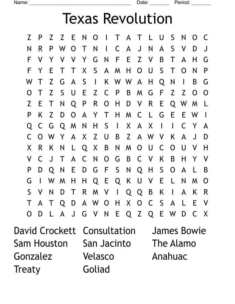 Texas Revolution Word Search WordMint