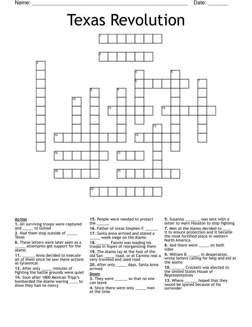 Texas Revolution Crossword - WordMint
