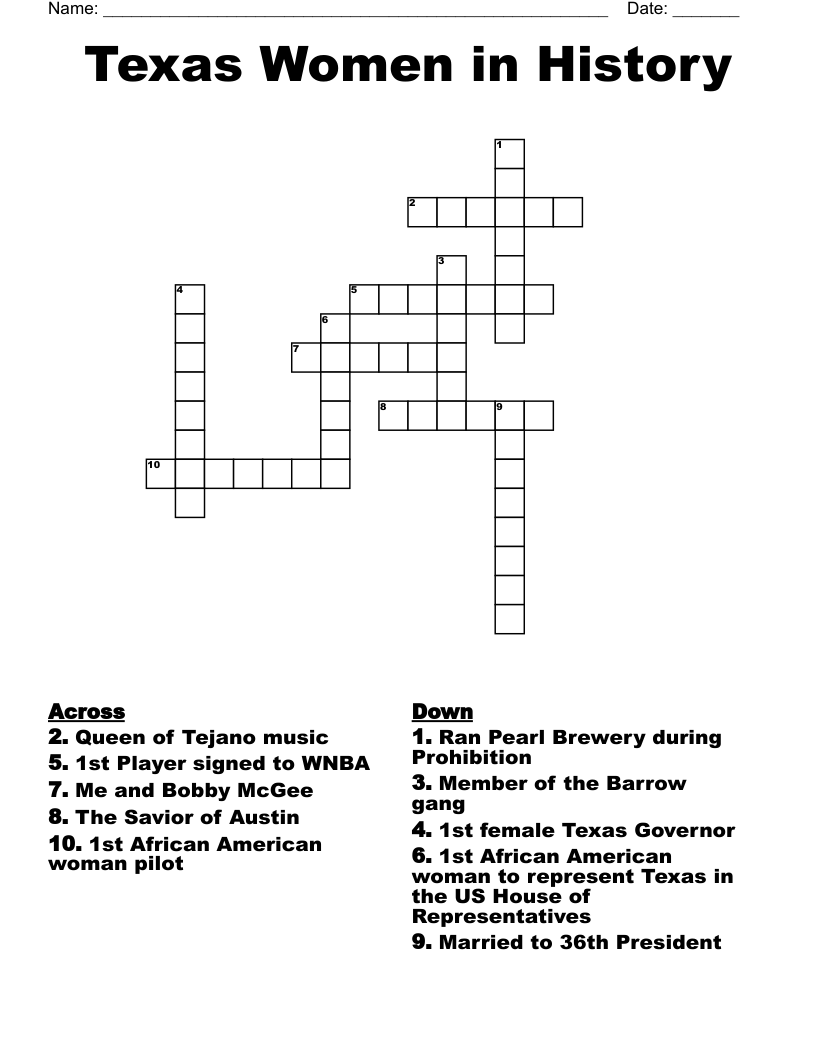 Texas Women in History Crossword - WordMint