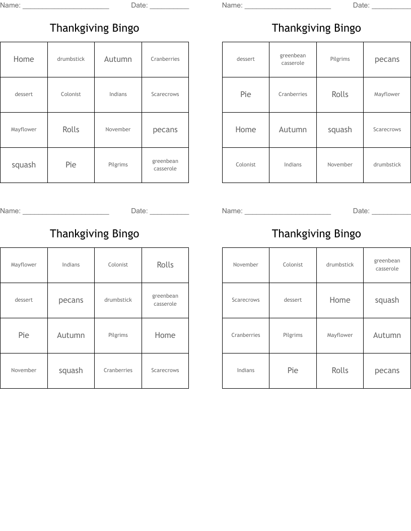 Thankgiving Bingo - WordMint