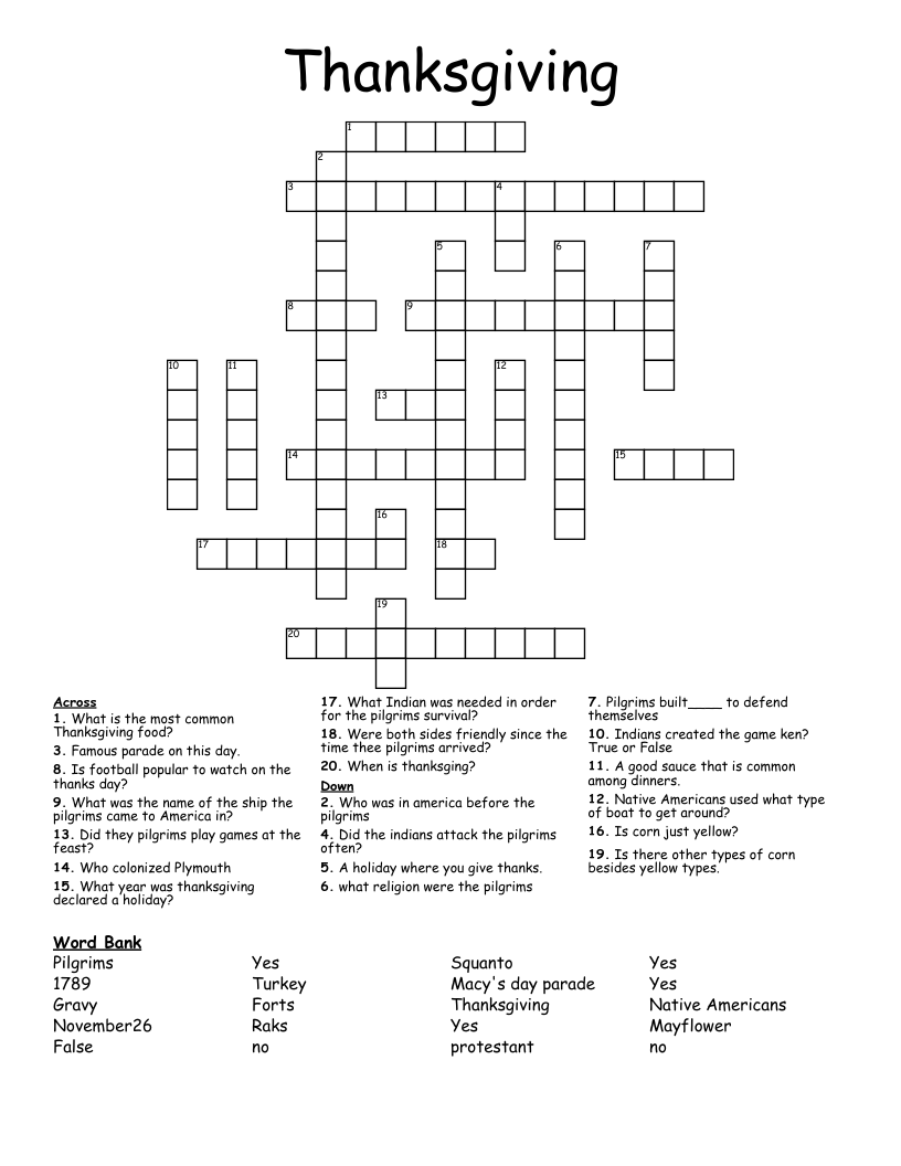 Thanksgiving Crossword - WordMint
