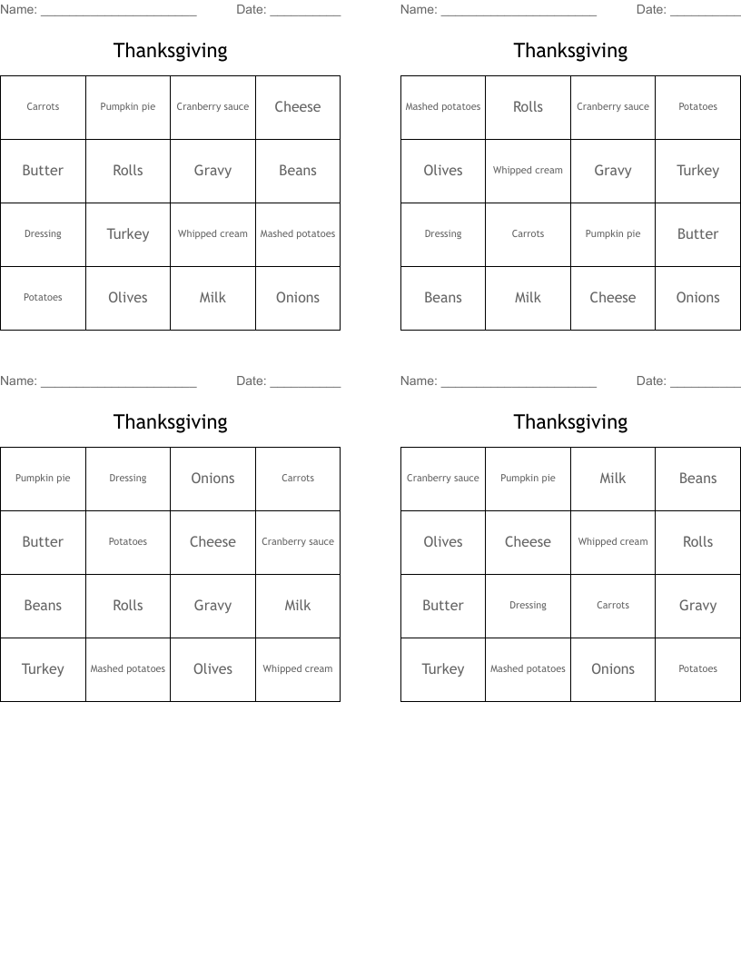 Thanksgiving Bingo Cards - WordMint