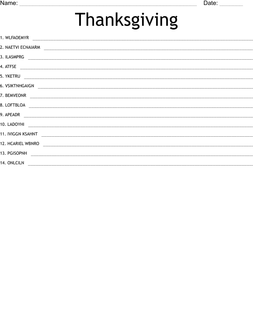 Thanksgiving Word Scramble - WordMint