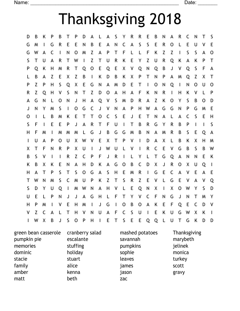 Thanksgiving 2018 Word Search WordMint