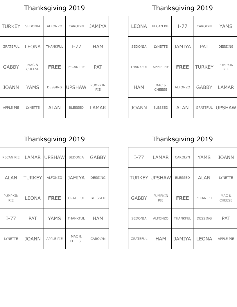 Thanksgiving 2019 Bingo Cards - WordMint