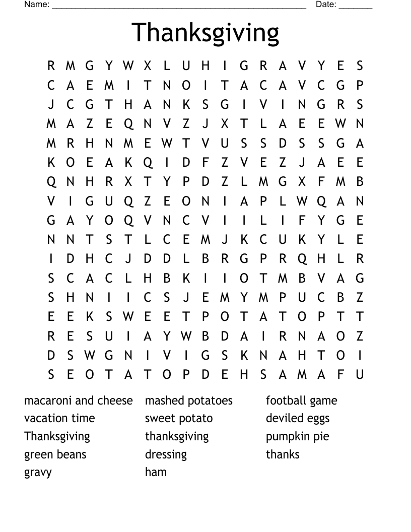 Thanksgiving Word Search WordMint