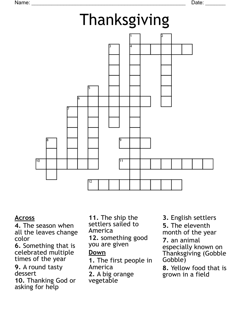 Thanksgiving Crossword - WordMint
