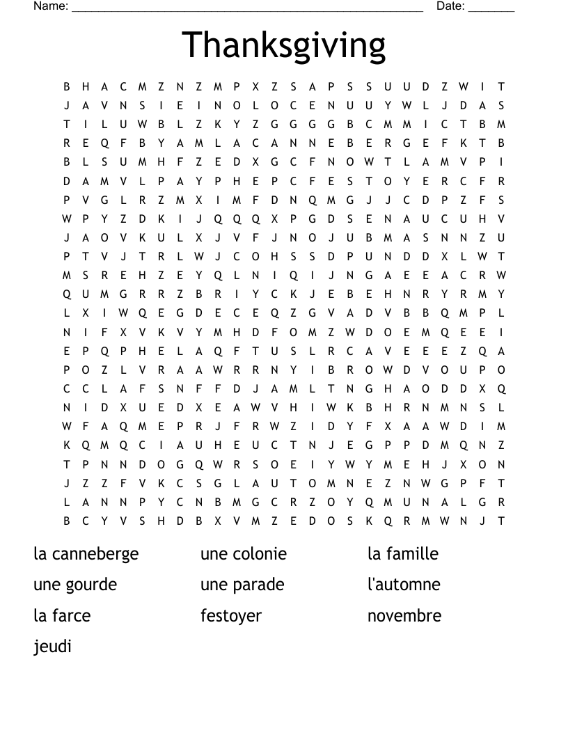 Thanksgiving Word Search - WordMint