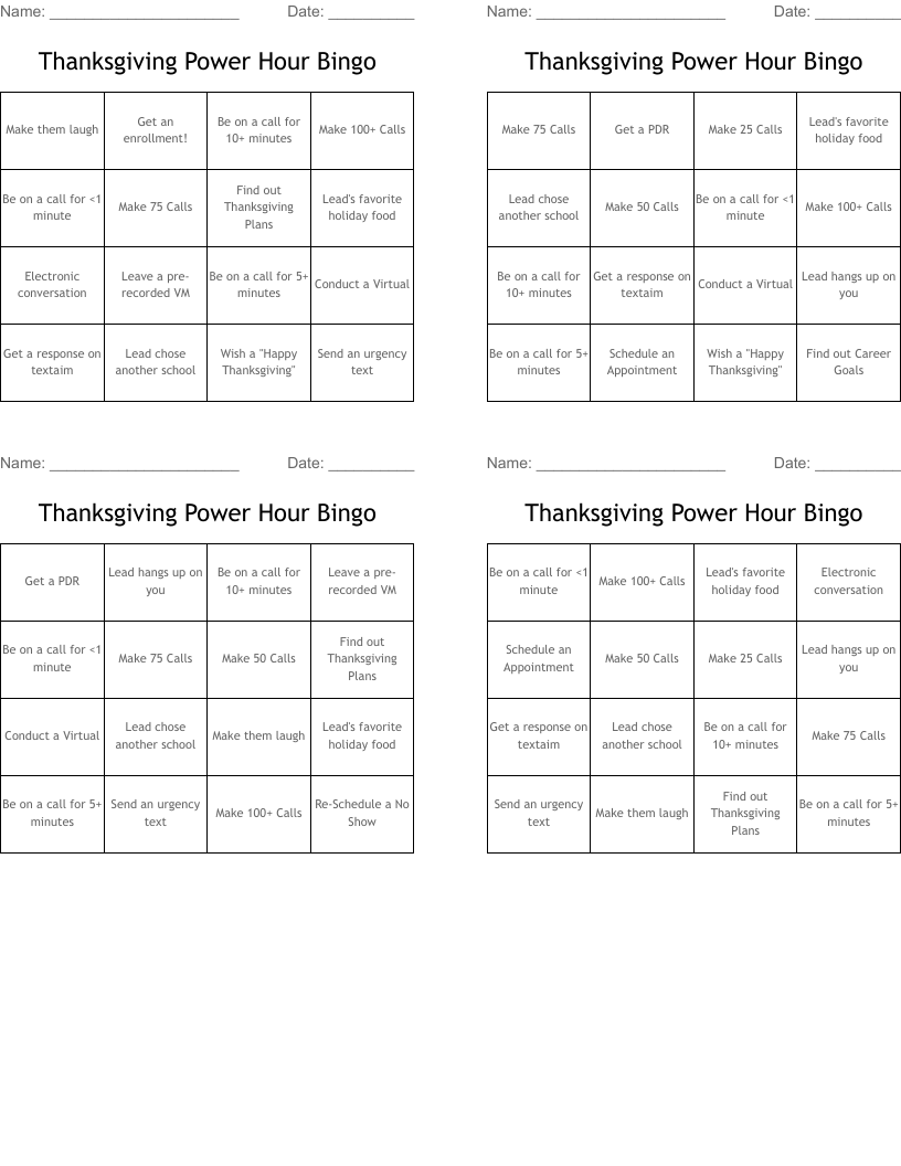 Thanksgiving Power Hour Bingo - WordMint