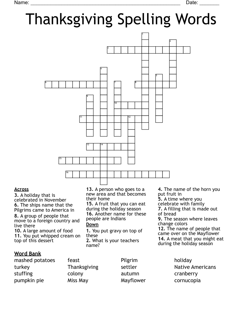 Thanksgiving Spelling Words Crossword - WordMint