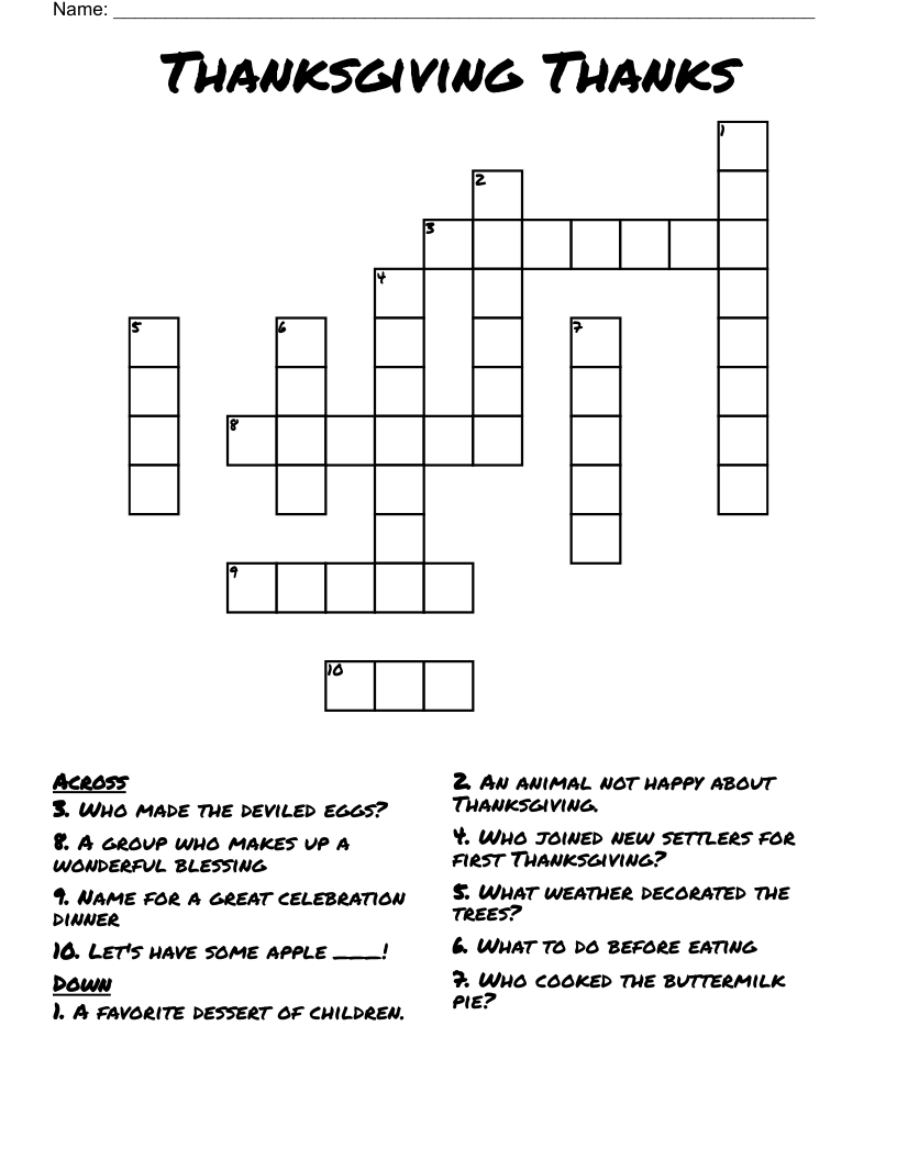 Thanksgiving Thanks Crossword - WordMint