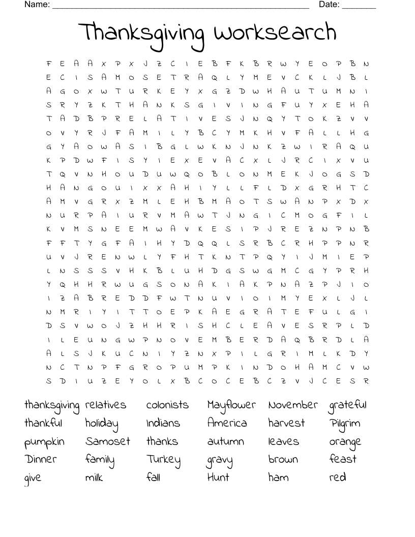 Thanksgiving Worksearch Word Search - WordMint