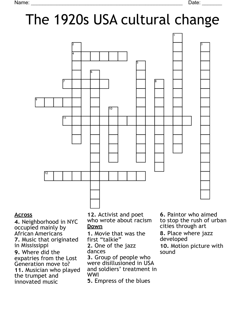 The 1920s USA cultural change Crossword - WordMint
