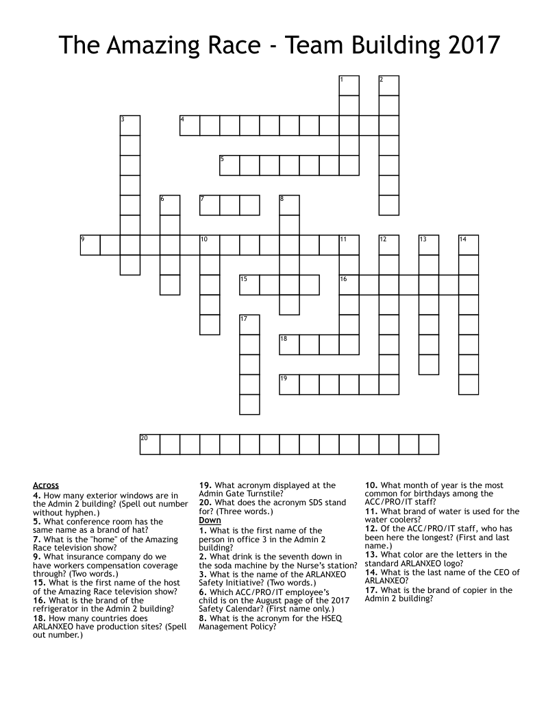 The Amazing Race - Team Building 2017 Crossword - WordMint