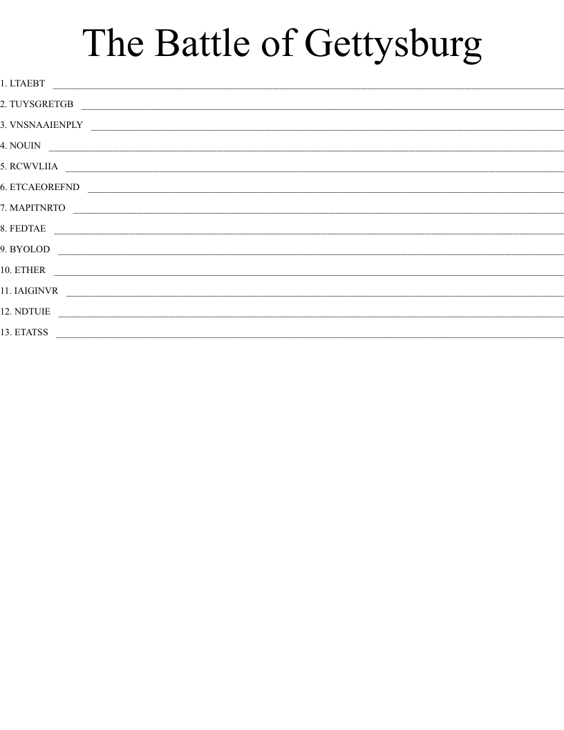 The Battle of Gettysburg Word Scramble - WordMint