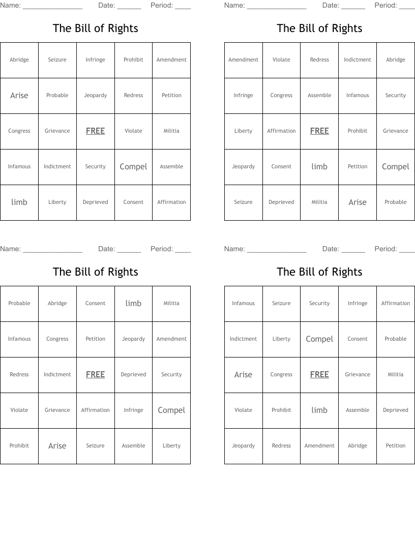 The Bill Of Rights Bingo Cards WordMint