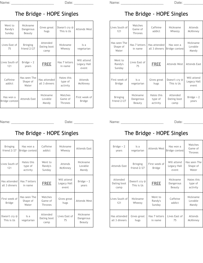 The Bridge - HOPE Singles Bingo Cards - WordMint