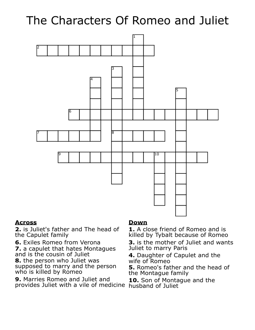 The Characters Of Romeo and Juliet Crossword - WordMint