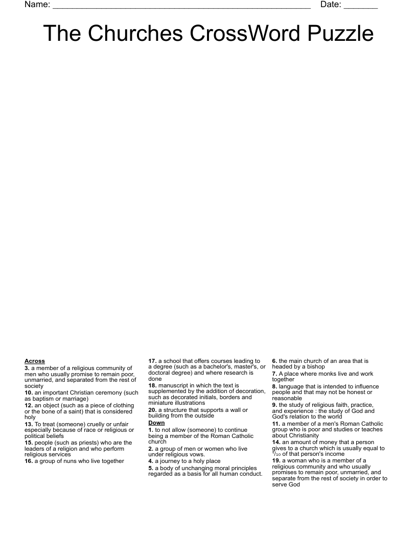 The Churches CrossWord Puzzle WordMint
