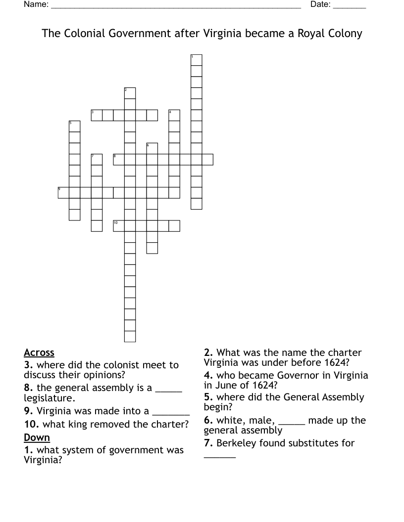 The Colonial Government after Virginia became a Royal Colony Crossword ...