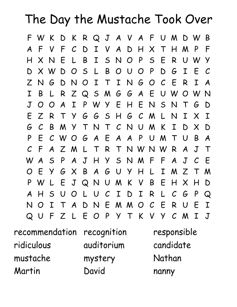 The Day the Mustache Took Over Word Search - WordMint