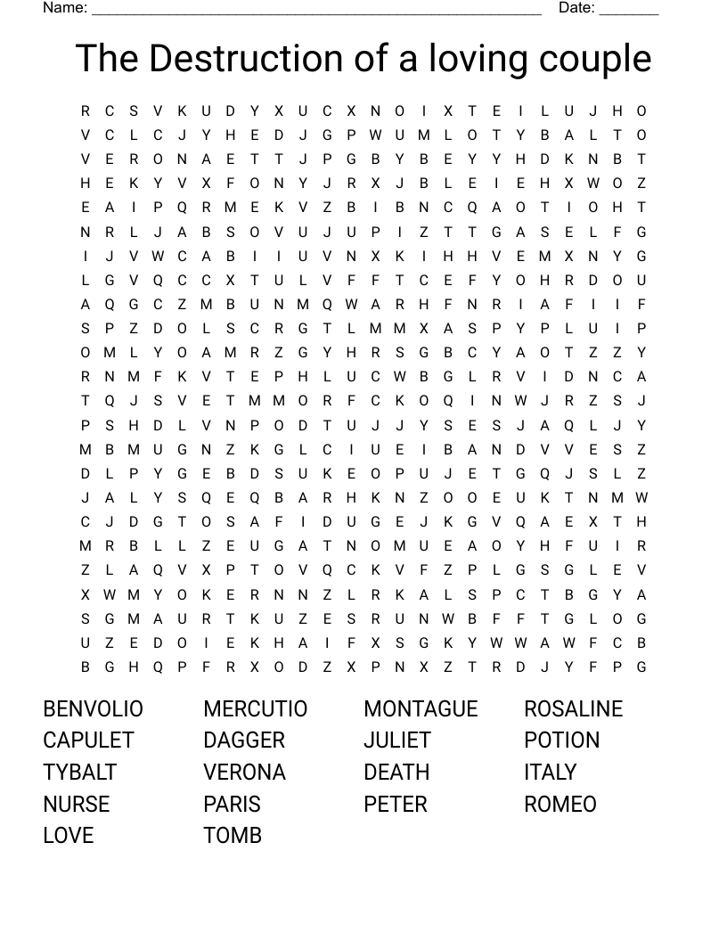 The Destruction of a loving couple Word Search - WordMint