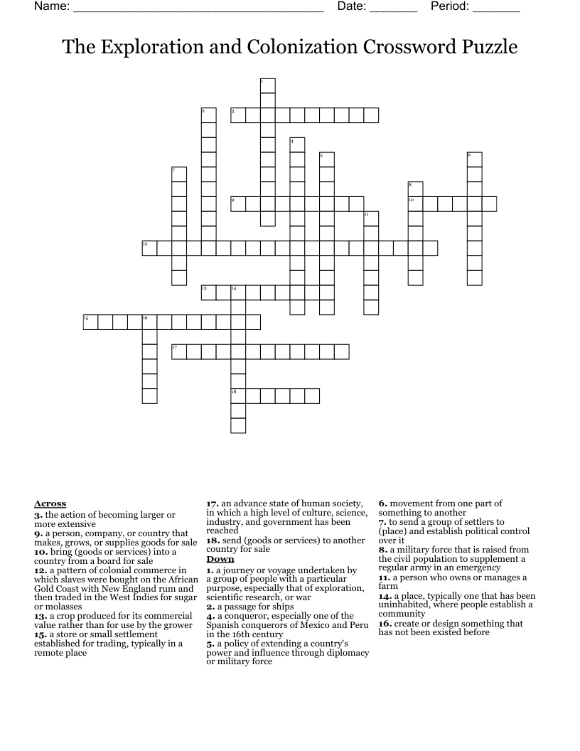 The Exploration and Colonization Crossword Puzzle - WordMint