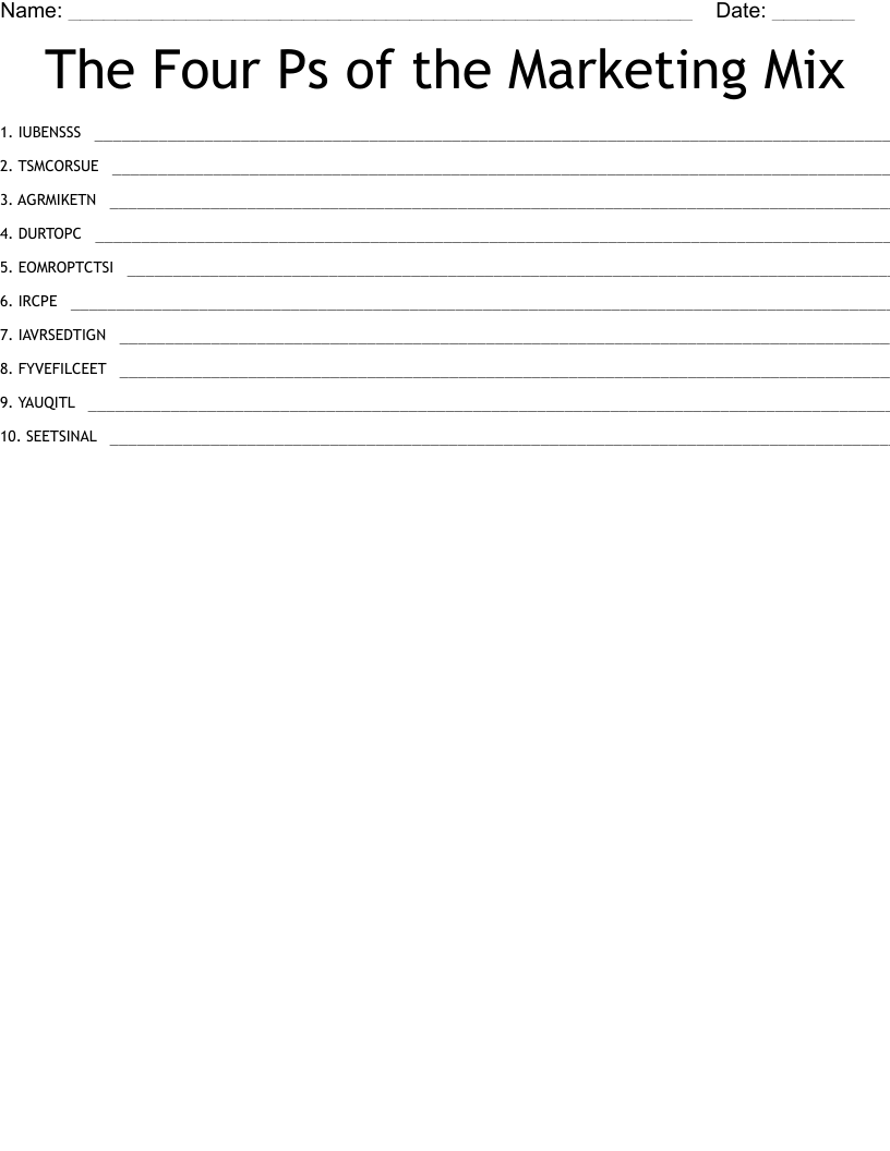 The Four Ps of the Marketing Mix Word Scramble - WordMint