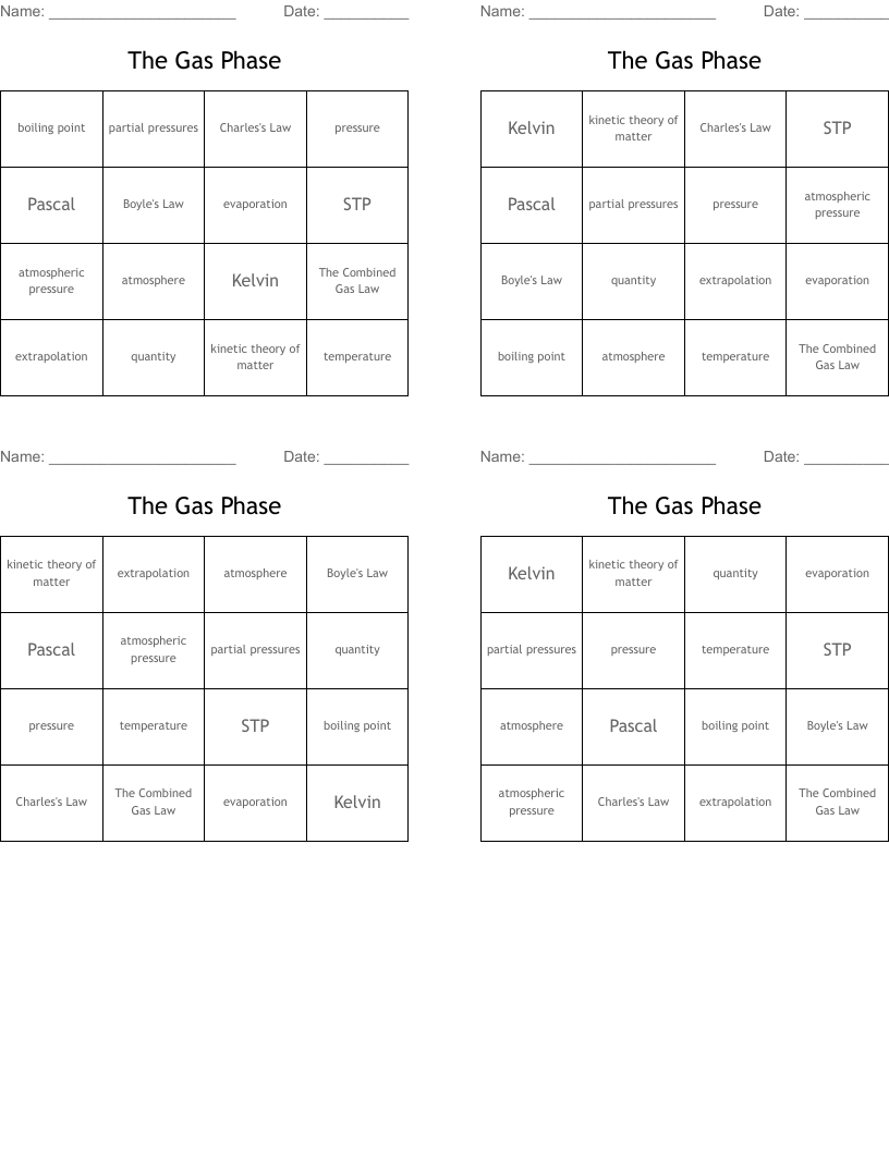 The Gas Phase Bingo Cards - WordMint