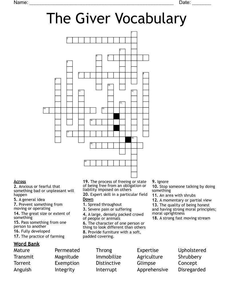 The Giver Vocabulary Crossword - WordMint