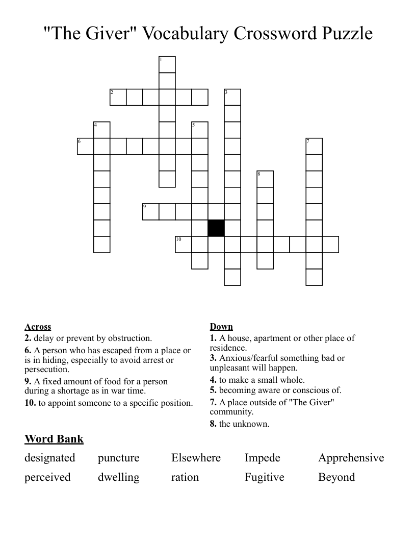"The Giver" Vocabulary Crossword Puzzle - WordMint