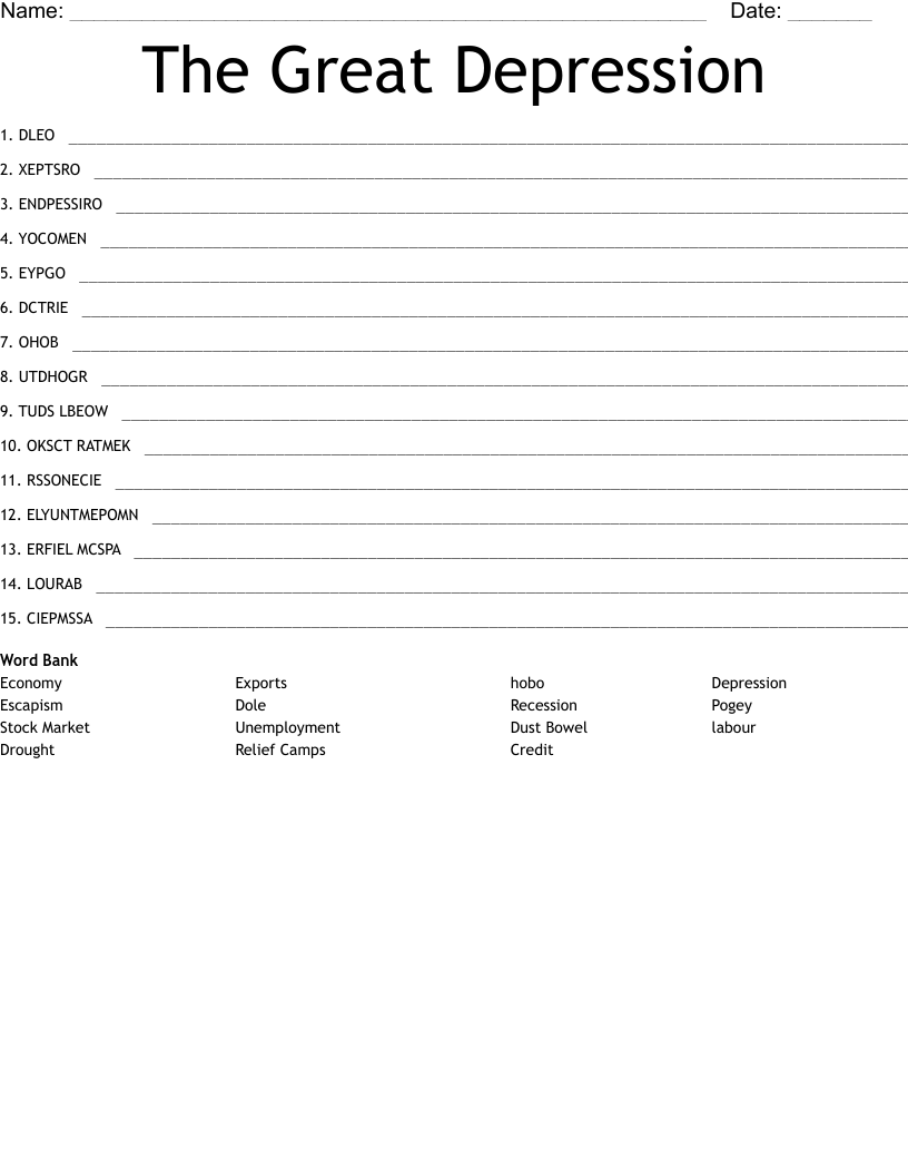 The Great Depression Word Scramble - WordMint