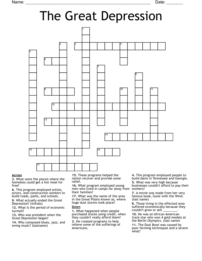 The Great Depression Crossword - WordMint