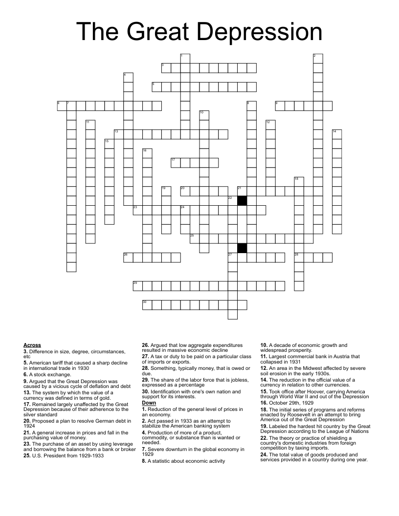 The Great Depression Crossword - WordMint