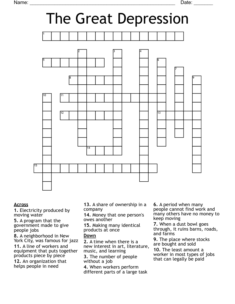 The Great Depression Crossword - WordMint