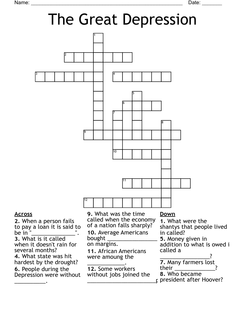 The Great Depression Crossword - WordMint