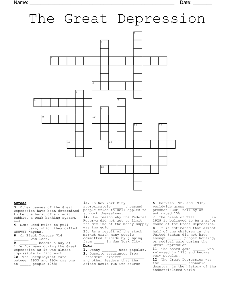 The Great Depression Crossword - WordMint