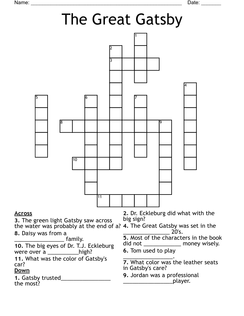 The Great Gatsby Crossword - WordMint