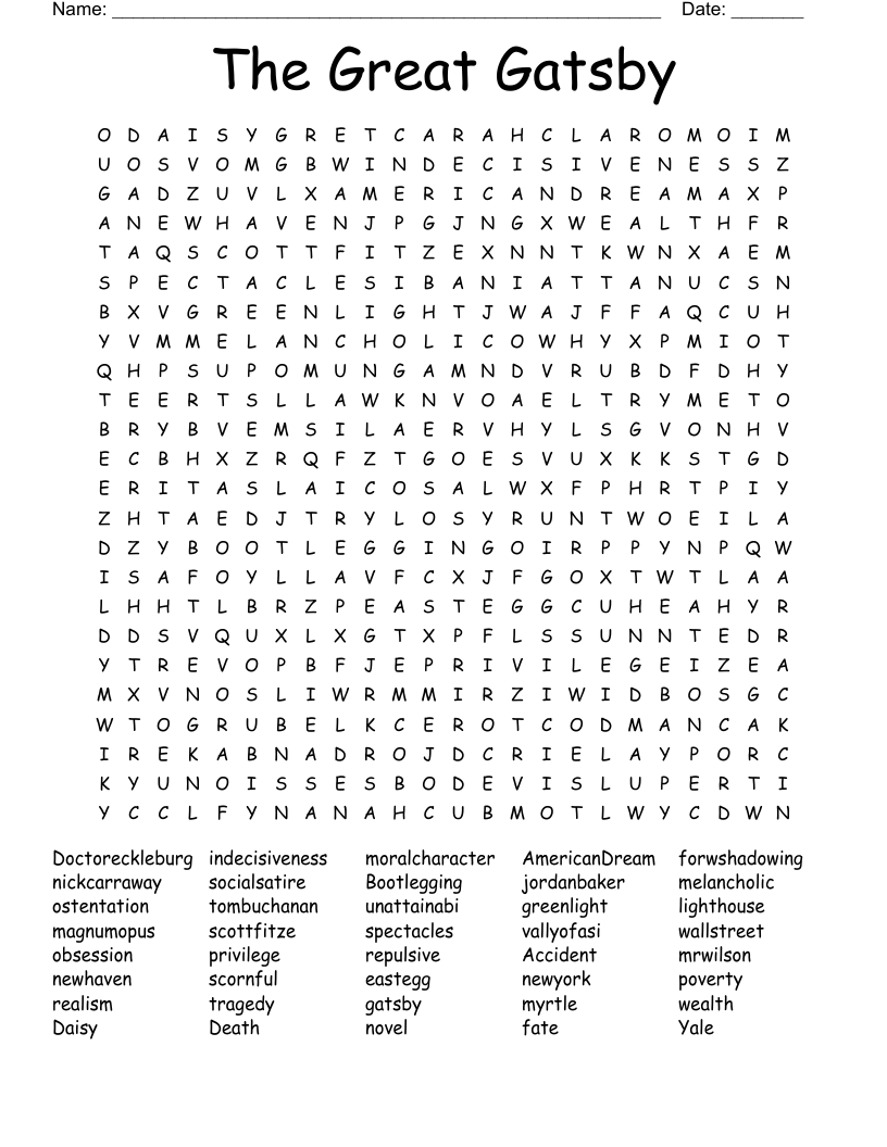 The Great Gatsby Word Search - WordMint
