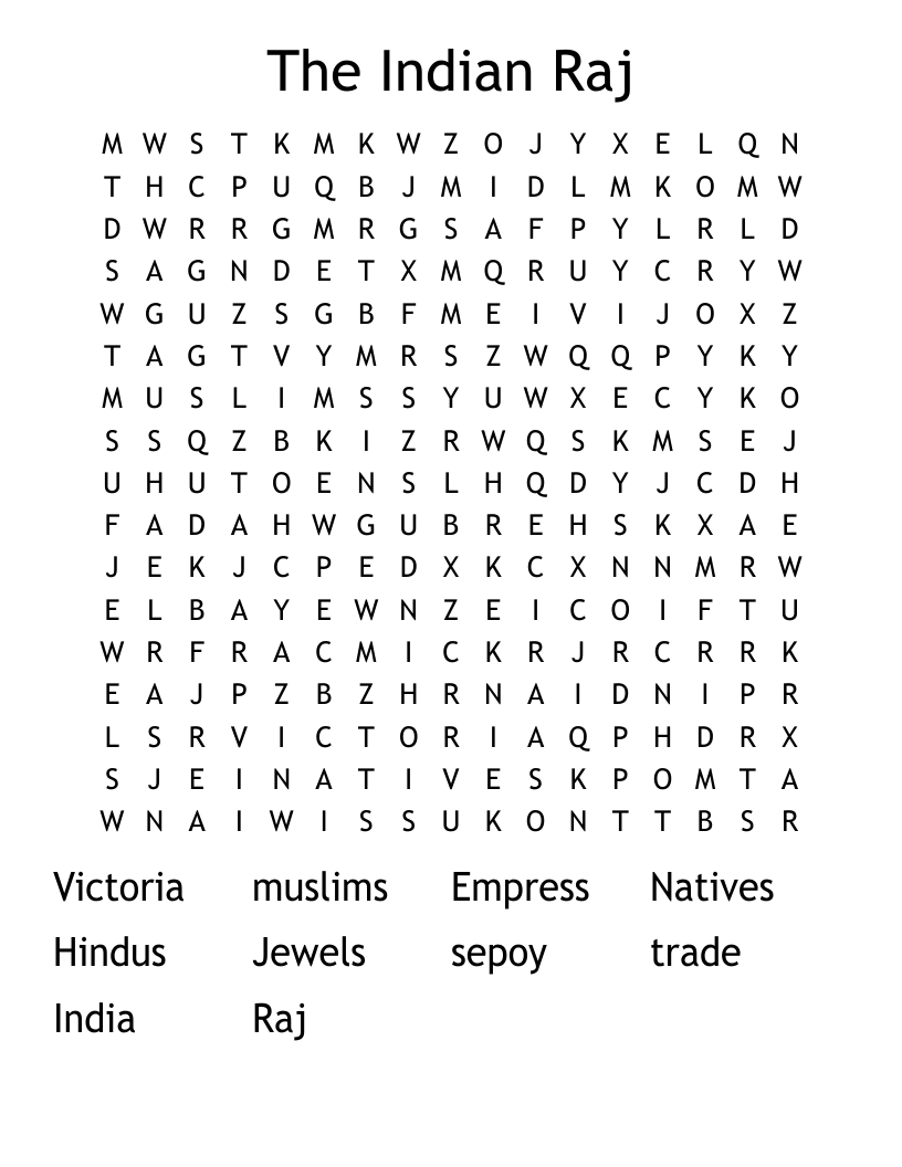 The Indian Raj Word Search - WordMint