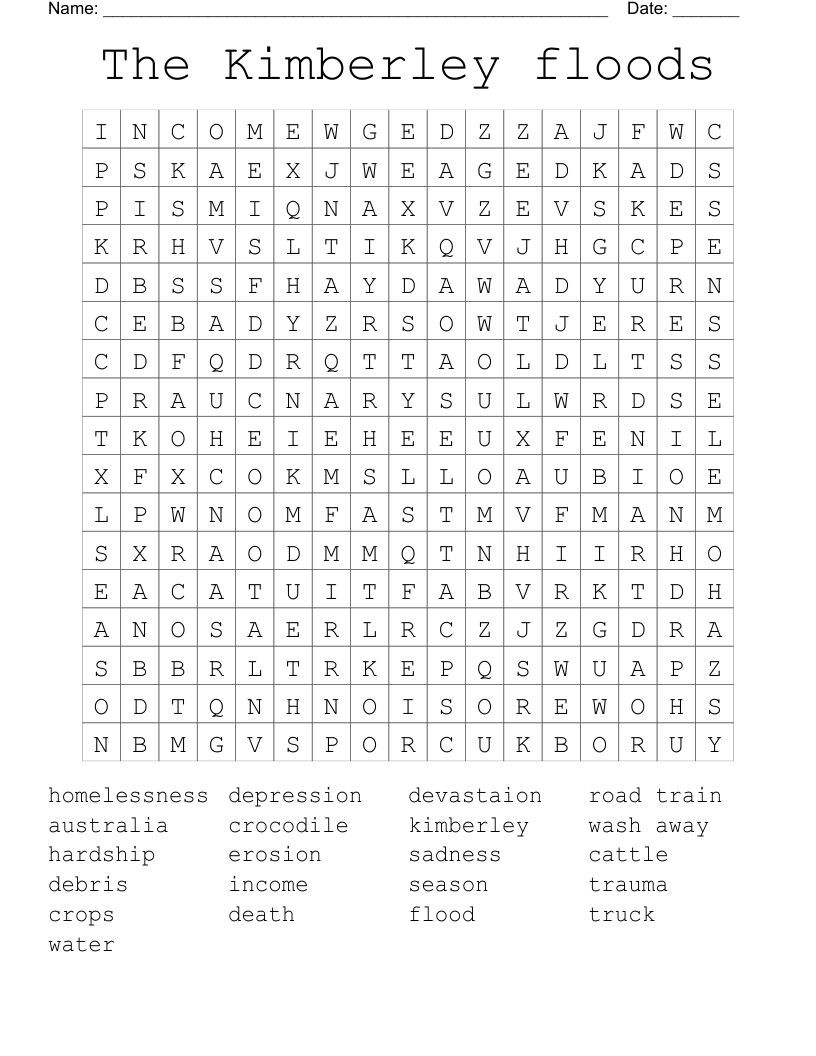 The Kimberley floods Word Search - WordMint