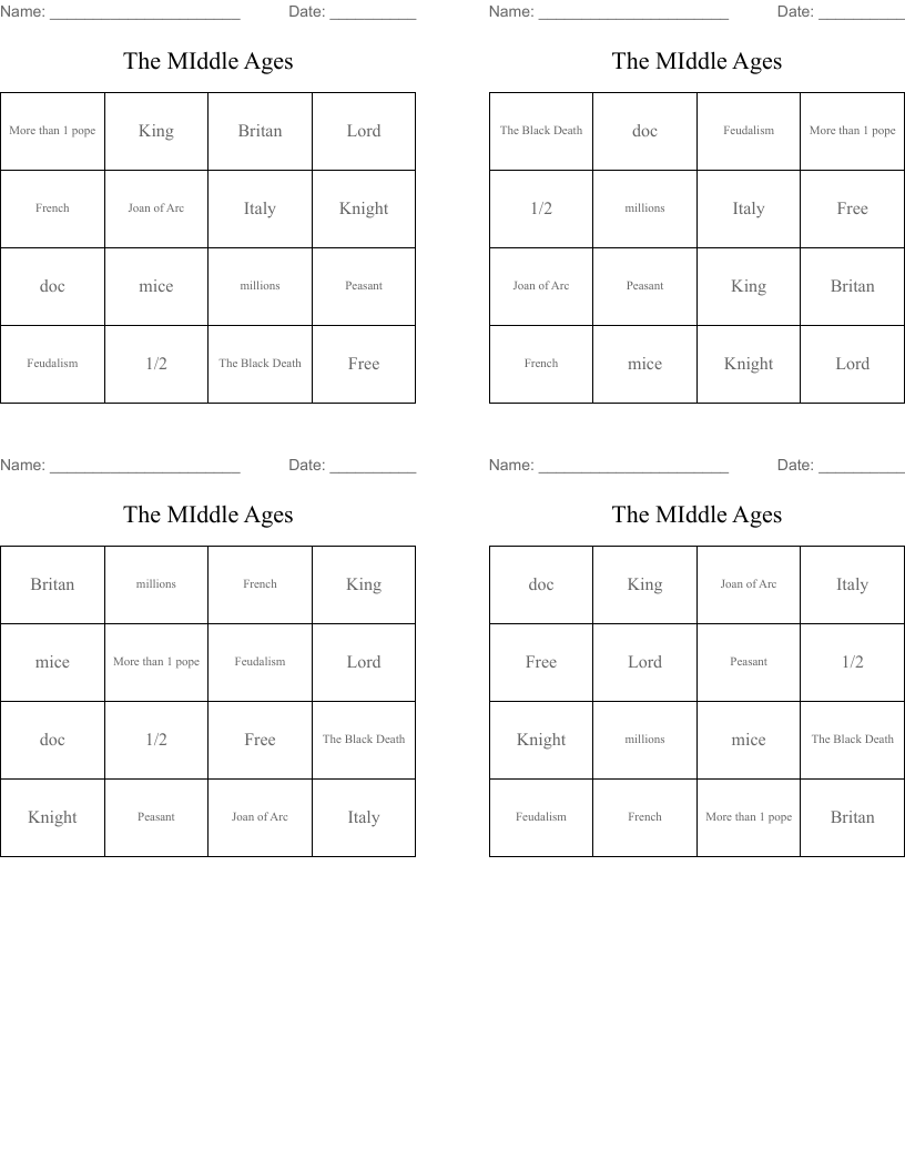 The MIddle Ages Bingo Cards - WordMint