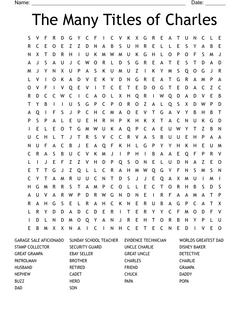 The Many Titles of Charles Word Search - WordMint