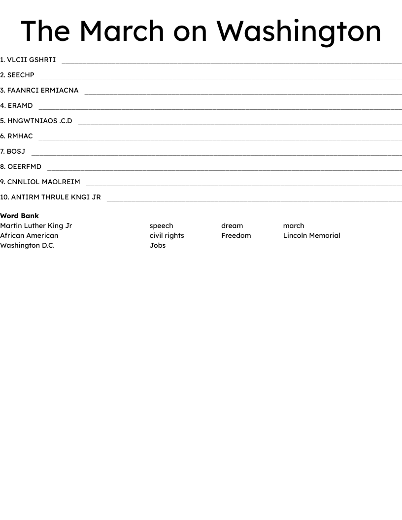 The March on Washington Word Scramble - WordMint