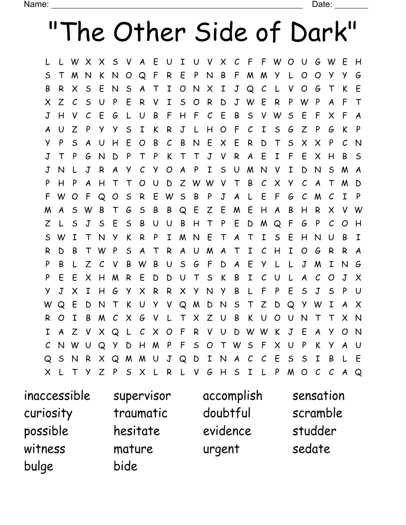 "The Other Side of Dark" Word Search - WordMint