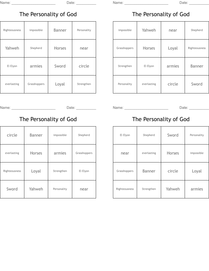 The Personality of God Bingo Cards - WordMint