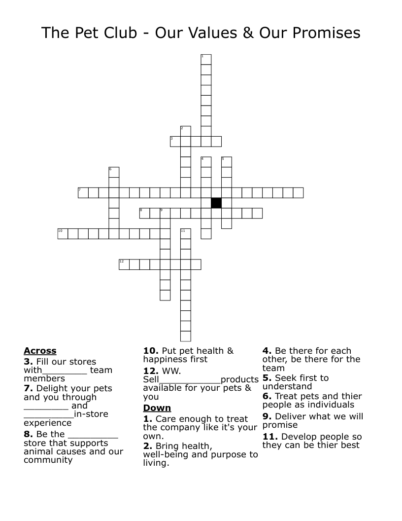The Pet Club - Our Values & Our Promises Crossword - WordMint