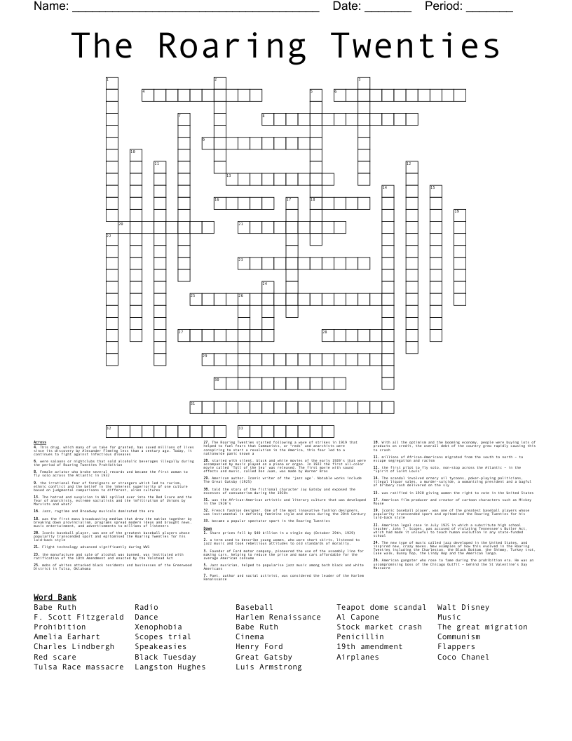 The Roaring Twenties Crossword - WordMint