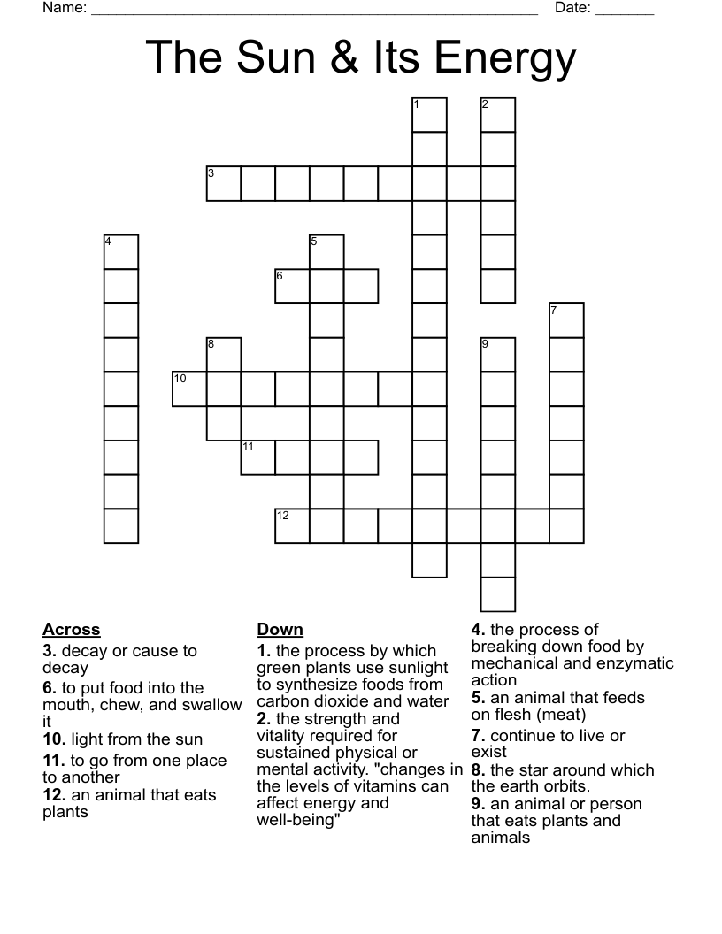 The Sun & Its Energy Crossword - WordMint